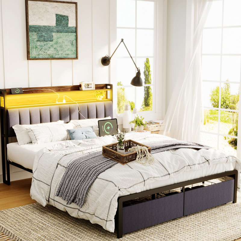 Orren Ellis Full Bed Frame With Storage Headboard And Drawers Full Size Led Platform Bed Frame Led Upholstered Bed Frame With Charging Station Wayfair